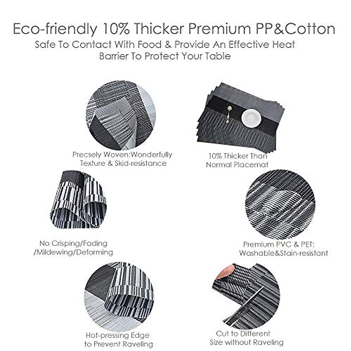 GIVERARE Placemats Set of 4, Heat-Resistant Woven Vinyl Placemat, Non-Slip Washable PVC Table Mat, Easy to Clean Premium Plastic Table Mats for Dining Table, Kitchen Table (Black+Gray)