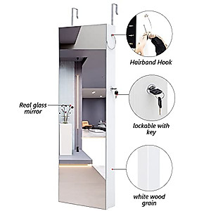 Henf 6 LEDs Mirror Jewelry Armoire Cabinet, Lockable Jewelry Organizer with Full-Length Mirror, Wall/Door Mounted Mirror with Jewelry Storage, Brush Holders,4 Shelves