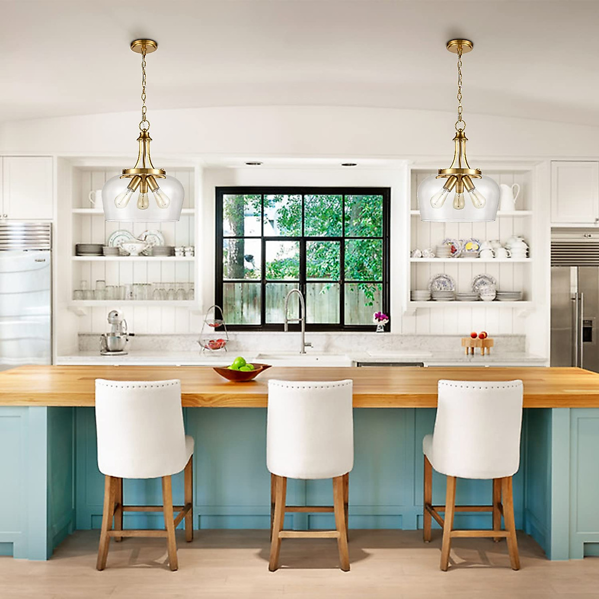 TEENYO Modern Gold Pendant Light Mid Century 3-Light Clear Glass Pendant Lighting with Adjustable Chain Brass Glass Pendant Lights Kitchen Island for Dining Room Bedroom Living Room