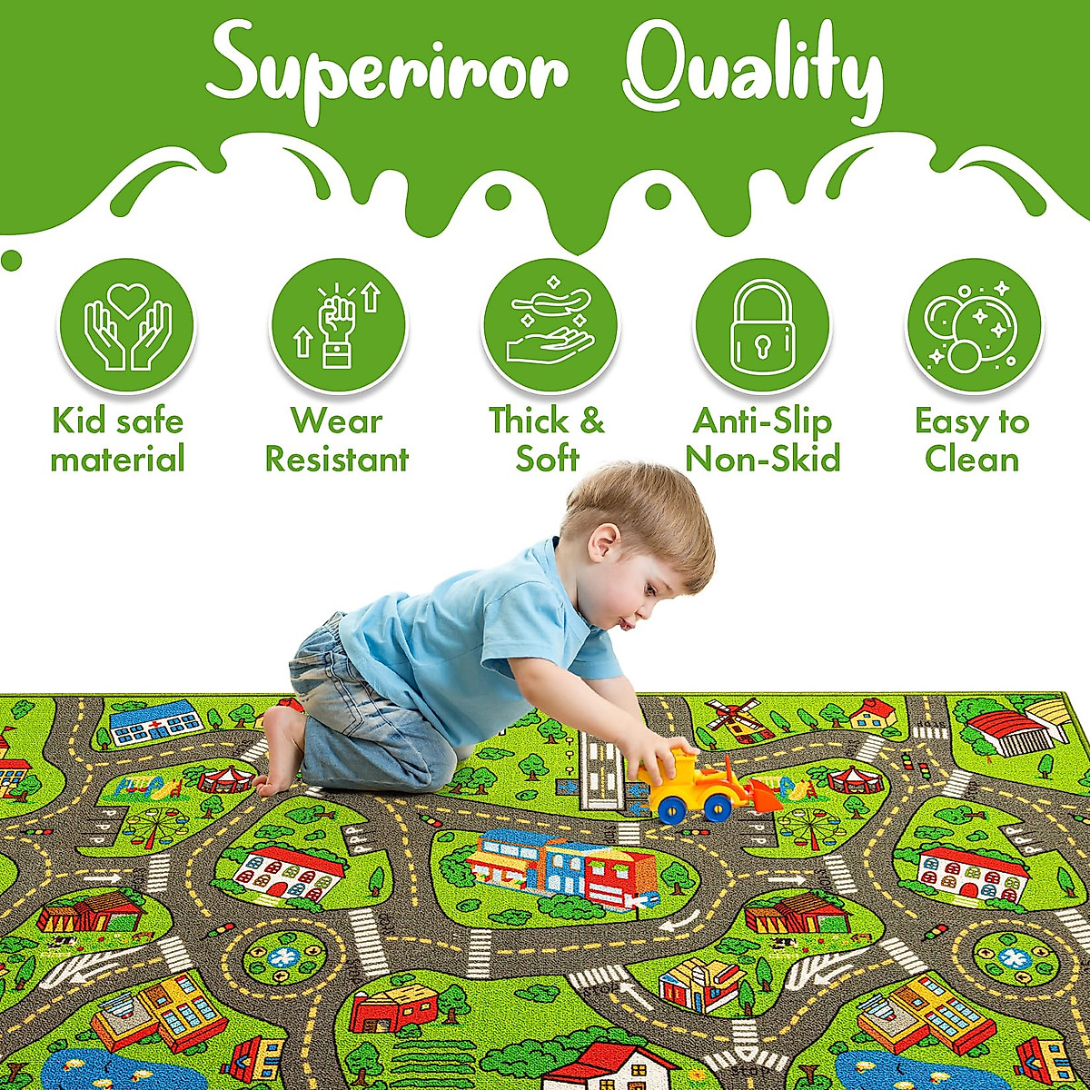 Kids Carpet Playmat City Life 3D Playroom Rug | 30 x 60 Inch Extra Large Toddler Activity Mat for Race Cars & Toys | Playroom Rug Makes a Fun Educational Gift Idea for Boys & Girls (Green)