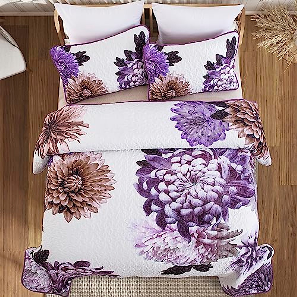 Dintszyayue Floral Quilt Set King Size, 3 Pieces Purple Flower Quilt Coverlet Set with 2 Pillowcases Lightweight Microfiber Bedspread All Season King 104"x90"