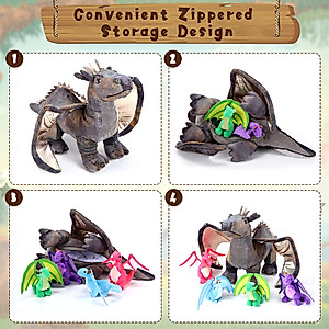 HyDren 5 Pcs Dragon Plush Stuffed Animal 16 Inch Giant Mommy Dragon Plush with 4 Pcs Babies Dragons in Zippered Belly for Kids Birthday Children's Day Gifts Dragon Plush Toy Classroom Prizes