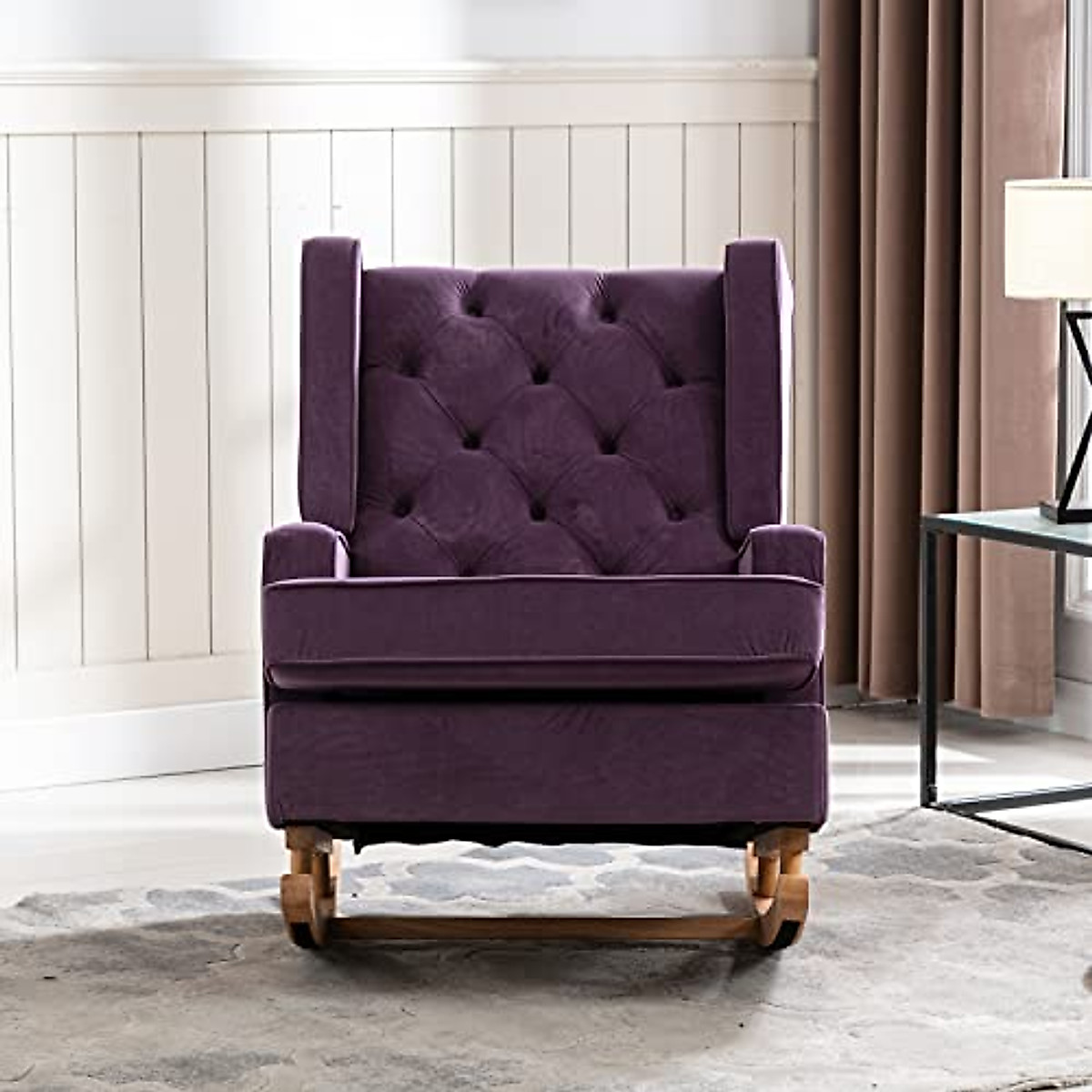 SSLine Upholstered Solid Wood Rocking Chair,Mid-Century Comfortable Relax Nursery Rocking Chairs Lounge Chair for Living Room, Bedroom, Study Room, Office Accent Glider Rocker(Purple)
