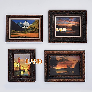 iLAND Miniature Dollhouse Accessories for Dollhouse Furniture on 1:12 Scale, Dollhouse Frames w/Printed Classic Paintings Set (4 Dark Brass Frames & Pictures)