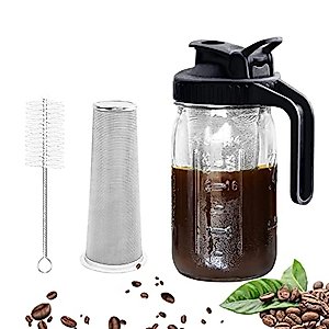 UYANGG Cold Brew Mason Jar Coffee Maker 32 OZ Wide Mouth Cold Brew Pitcher With Coffee Filter and Cleaning Brush For Coffee, Iced Tea, Sun Tea, Lemonade (black)