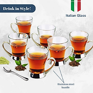 Rigeli Stainless Steel Set of 6 Tea Cups Glass Tea Cups With Stainless Steel Handle, 6.7 (oz), 200 (ml) Clear Coffee Mugs, Tea Glasses tea and coffee