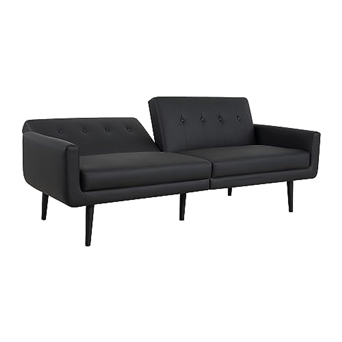 Naomi Home Monica Leather Futon Sofa, Convertible Couch Bed, Split Back Premium Faux Leather Sleeper Couch Sofa for Living Room, Mid Century Modern Fold Out Couch Bed with Tapered Legs Black