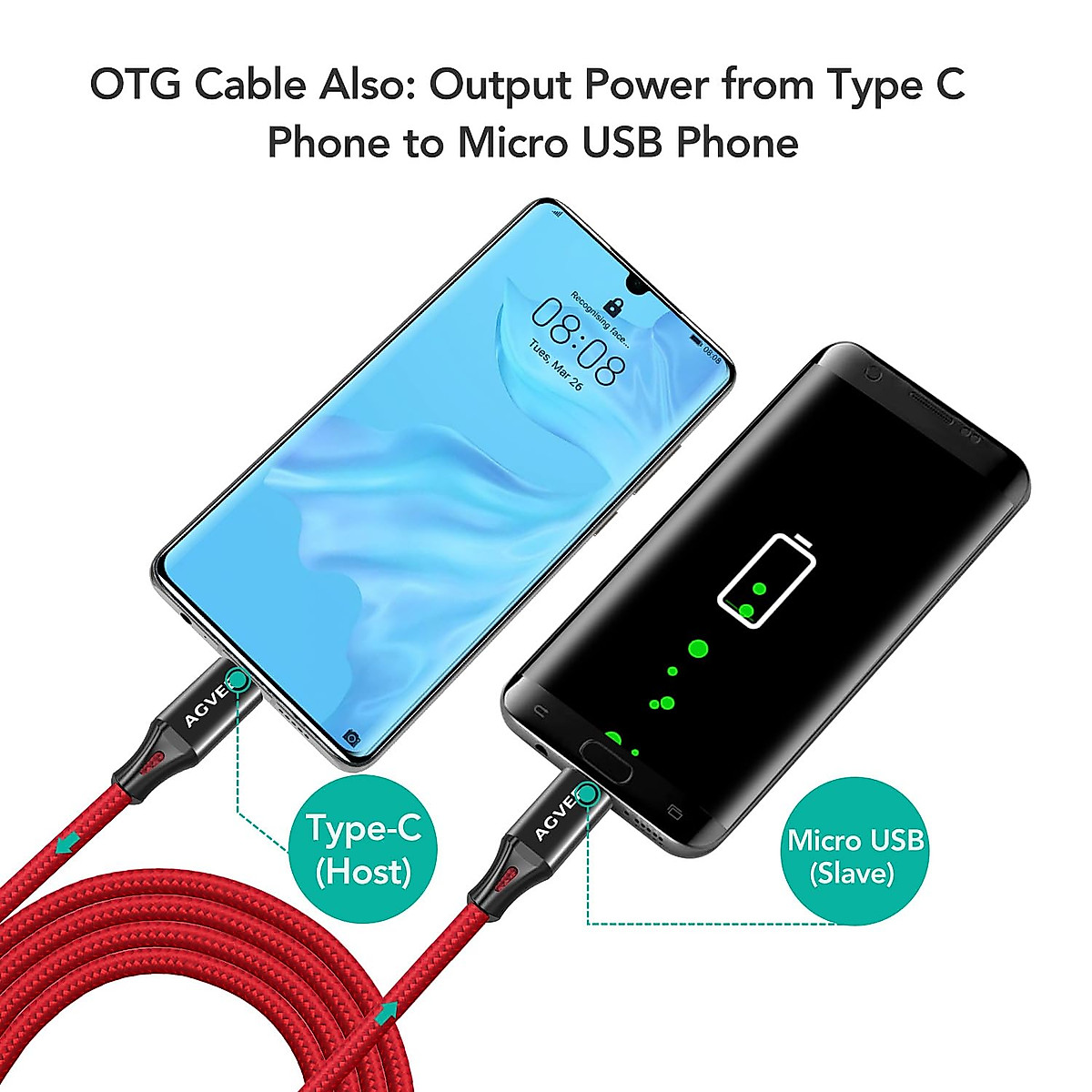 AGVEE 2 Pack 1ft USB-C OTG to Micro USB Cable, Braided Charger Data Sync Cord Charging Wire Adapter for Samsung Galaxy S7 S6, J7, J3, LG, PS4, Kindle, PS4 Xbox Controller, Android Phone, Red