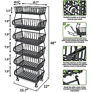 Fruit and Vegetable Storage - 6 Tier Fruit Basket Stand for Kitchen Floor, Metal Wire Storage Backets with Wheels for Produce Pantry Vegtable Organizer