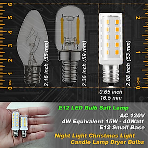 Dimmable E12 LED Bulb Himalayan Salt Lamp 4W, Equivalent 15W 40W, 400lm 2700K Warm White AC120V S6 C7 E12 Candelabra Base for Night Light Chandeliers Christmas Light Candle Lamp Dryer Bulbs, 4 Pack