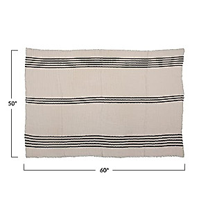 Creative Co-Op Coastal Black and White Stripe Woven Cotton Double Cloth Stitched Blanket and Frayed Edges Throw, Cream & Black