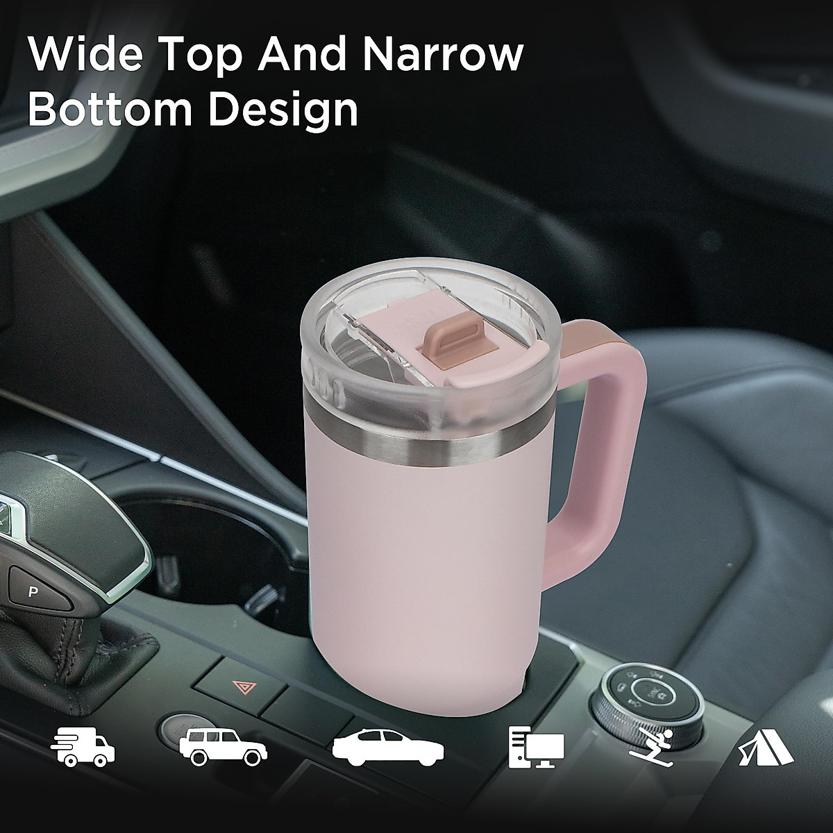 TYESO 30 oz Tumbler with Handle, Straw and Lid - Leak Resistant Insulated Stainless Steel Water Bottle, Car Cup Holder Friendly Travel Coffee Mug Pink - Gifts for Men & Women