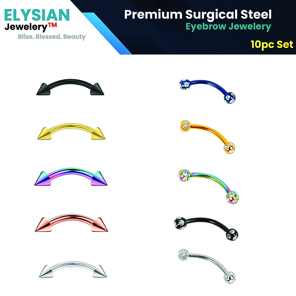 ELYSIAN 10Pcs tainless Steel Rook Daith Earrings Belly Lip Ring Eyebrow Studs Cartilage Tragus Cubic Zirconia Barbell Body Piercing 8mm (5/16''), Blue, Black, Green, Gold, Pink, Purple, Silver