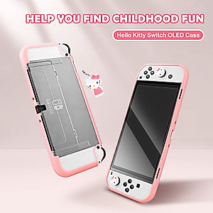 DLseego Clear and Pink Switch OLED Protective Case Scratch Resistant Cover Shell with Kitty Cat Thumb Grips Caps and Charm