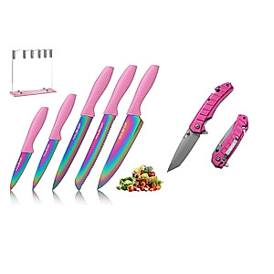 HAUSHOF Kitchen Knife Set and FLISSA Folding Pocket Knife, Titanium Coated Starter Knives Set for Kitchen with Ergonomic Handle, Tactical Knife with Liner Lock