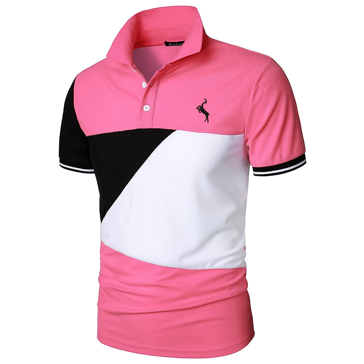 HOOD CREW Man’s Fashion Polo Shirts Short Sleeves Collared T shirt Color Block Sports Golf Polos Pink XL