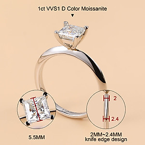 Ladylike Princess Cut Moissanite Engagement Ring for Women, 1ct Sterling Silver Solitaire Engagement Ring, 18K White Gold Plated D Color VVS1 Lab Created Diamond Rings, Size 7