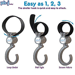 PBnJ baby Stroller Hooks for Hanging Diaper Bags - Mommy Stroller Clip and Stroller Accessories Travel Organizer Hook - for Mom Purse Shopping Grocery Bag and Accessory - (2 Pack)