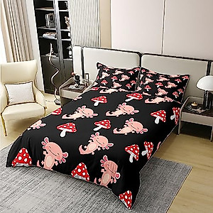 Full Size Comforter Cover Cartoon Pink Axolotl 100% Natural Cotton Bedding Set Cute Red Mushroom Plants Duvet Cover for Bedroom Gifts Lovely Wild Animal Rustic Style Bedding Set 3 PCS