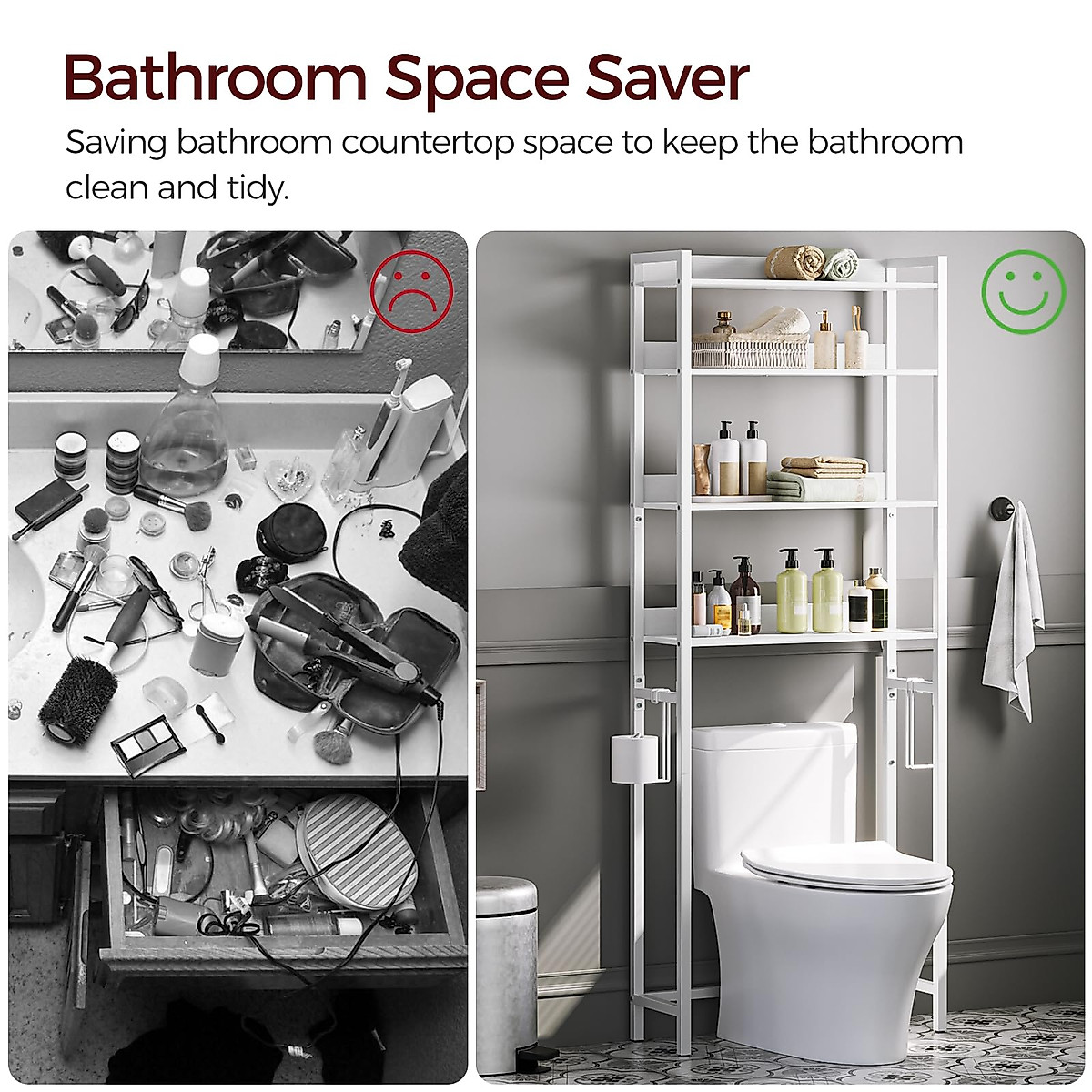 MAHANCRIS Over The Toilet Storage Rack, 4 Tier Bathroom Organizer Over Toilet, Freestanding Space Saver Toilet Stand with 2 Hooks, Bathroom Storage Shelf, Easy to Assemble, White TSBW0401