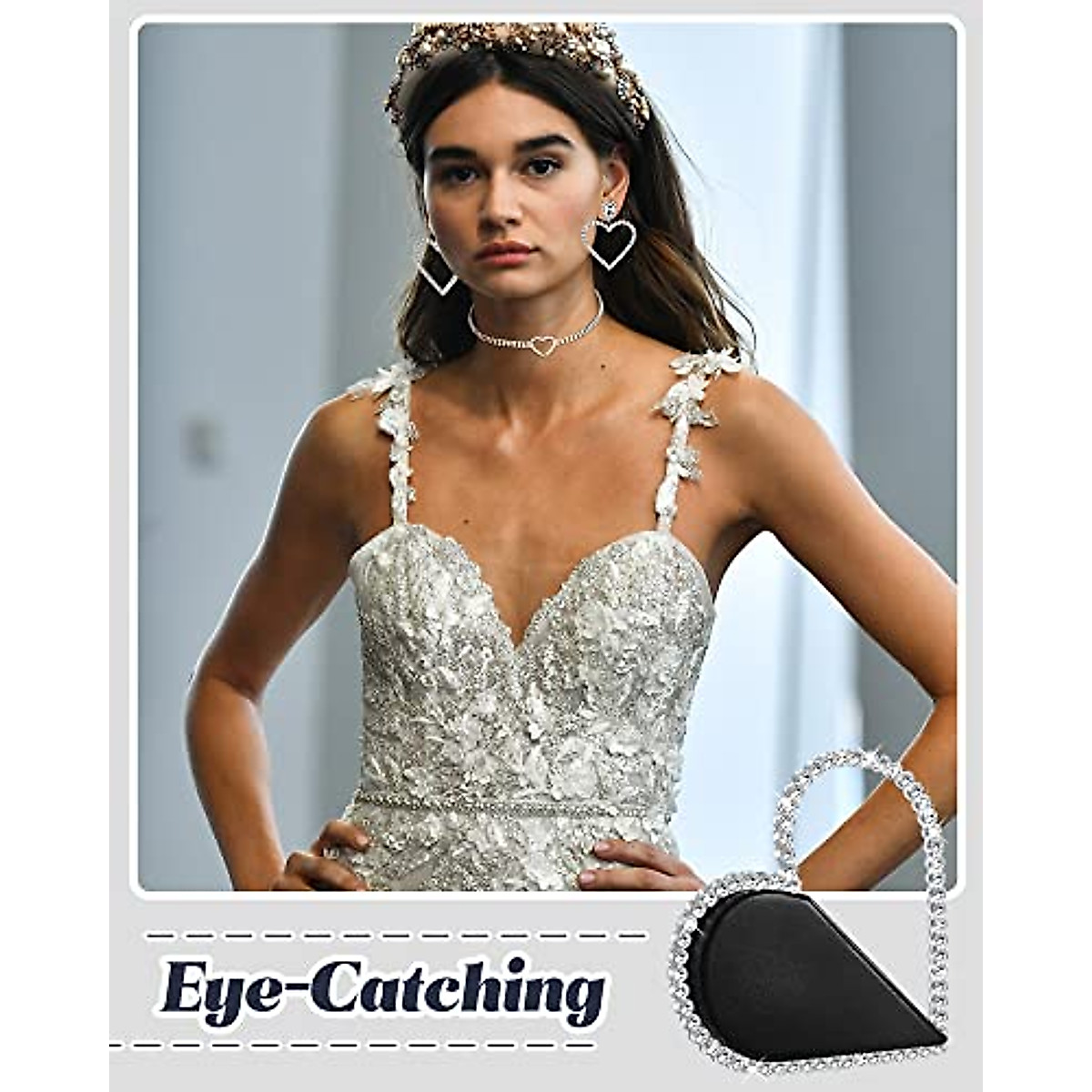 Henoyso Cute Mini Heart Shape Women Evening Clutch Bag Rhinestone Choker Necklace Heart Earrings for Valentine's Day Gift (Black)