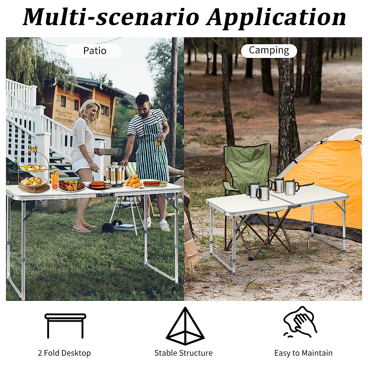 Outvita 4ft Portable Folding Camping Table, Outdoor Waterproof Adjustable Height Table, Aluminum Lightweight Suitcase Foldable Table for Picnic BBQ Beach Dining