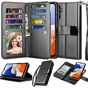 NJJEX Galaxy A14 5G Case, for Samsung Galaxy A14 5G Wallet Case, [9 Card Slots] PU Leather ID Credit Holder Folio Flip [Detachable] Kickstand Magnetic Phone Cover & Lanyard for Samsung A14 [Black]