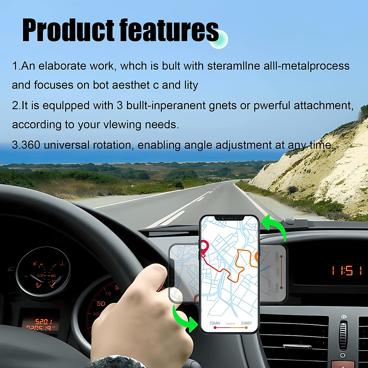 2Pcs Car Magnetic Phone Holder, 360 Degrees Rotation Magnetic Phone Mount, Never Block View, Ultra Magnetic Flex Car Phone Holder, Dashboard Car Mount Compatible All Smart Phones(Silver)