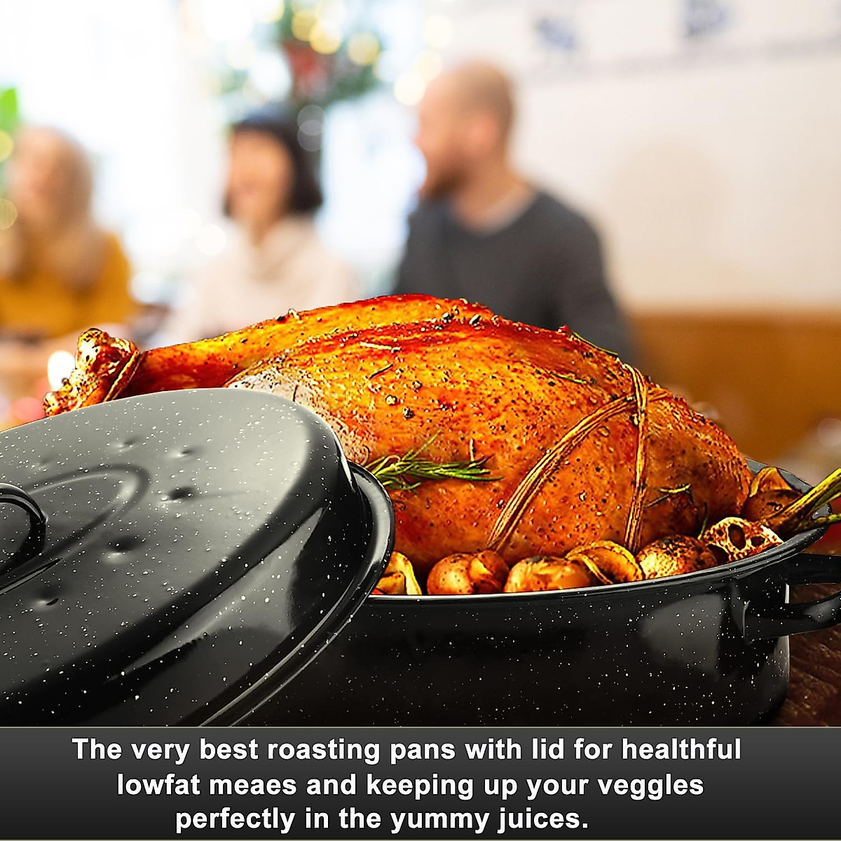 17.5 Inch Roaster Pan, Enamel Oval Turkey Roasting Pan with Domed Lid - Mother's Gift, Covered, Non-sticky, Free of Chemicals - Rôtissoire Chicken Meat Roasts Casseroles & Vegetables (17.5 Inch)