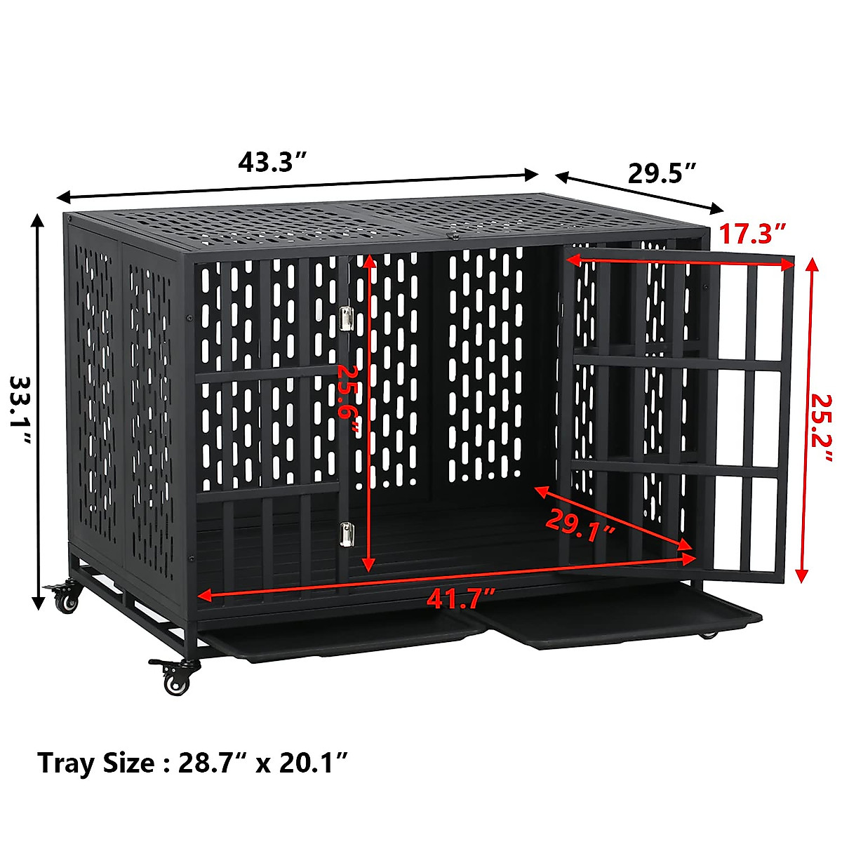 Heavy Duty Dog Crate, 44" Indestructible Metal Dog Kennel, Indestructible Pet Cage for High Anxiety Large Dogs with Sturdy Door Lock and Removable Trays