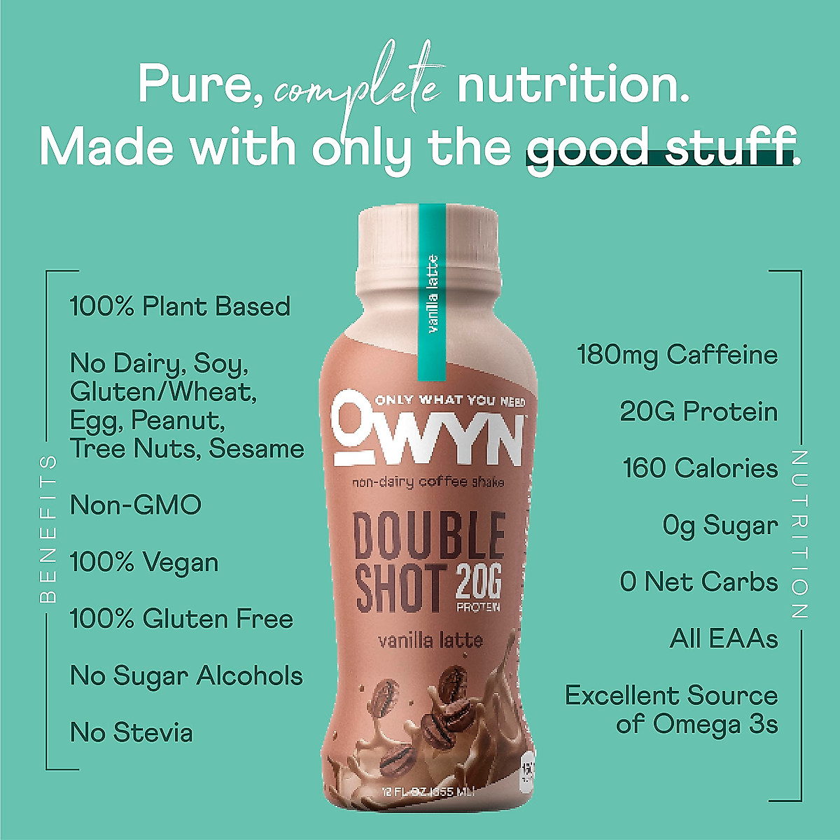 OWYN Only What You Need Double Shot Dairy Free Keto Protein Coffee Shake, Vanilla Latte, 0g Sugar, 20g Plant Based Protein, 180mg Caffeine, Gluten & Soy Free, Non-GMO, Vegan (12 Pack, 12 Fl Oz)