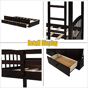 Harper & Bright Designs Wood Bunk Beds Twin Over Twin with Trundle and Storage Drawers Hardwood Bunk Bed Frame for Adults Kids Boys Girls Teens, (Espresso)