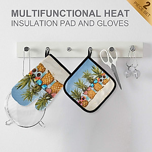 Oven Mitts Pot Holders Sets - Pineapples Stylish Sunglasses Hot Gloves Hot Pads Non-Slip Potholders for Kitchen BBQ Baking