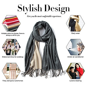 maamgic Women's Scarf Pashmina Shawls and Wraps for Evening Dresses Travel Office Winter Wedding Cashmere Feel Long Reversible Scarves Dark Grey and Cream