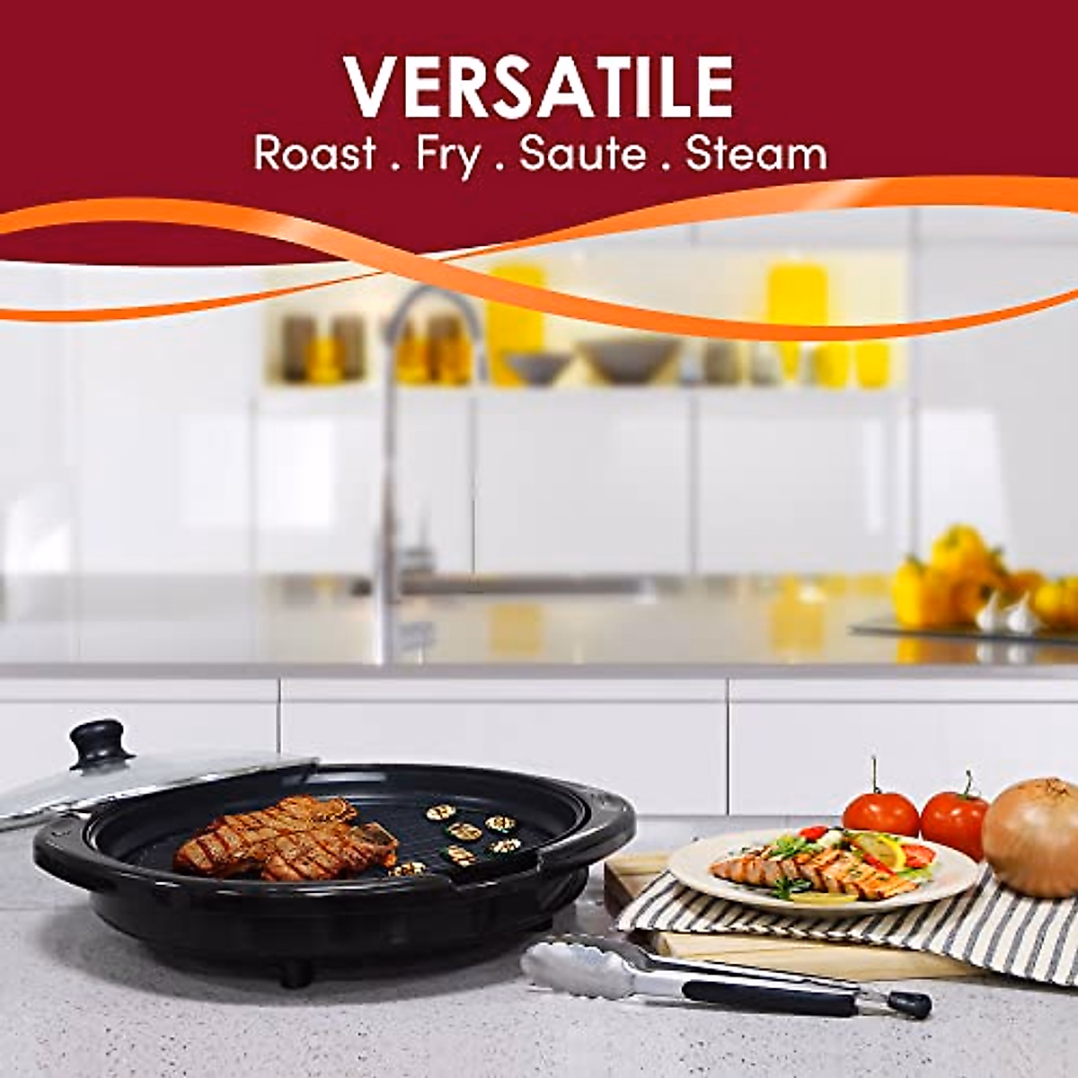 Smokeless Indoor Electric BBQ Grill with Glass Lid, Dishwasher Safe, PFOA-Free Nonstick, Adjustable Temperature, Fast Heat Up, Low-Fat Meals Easy to Clean Design