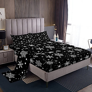 Erosebridal Christmas Bed Sheets Snowflakes Sheet Set for Kids Girls Boys Black and White Bed Sheet Set King Size Magical Glitter Star Flat Sheet Deep Pocket Room Decor with 2 Pillow Cases, Black