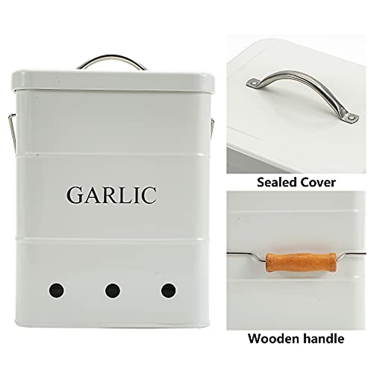 Garlic Container with Lid and handle, Sealed Food Storage Bin for Kitchen, Vegetable Fresh Keeper with Aerating Tin Storage Holes (White)
