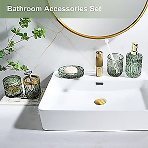 LaMarriti 5Pcs Green Glass Bathroom Accessories Complete Set, Lotion Dispenser, Soap Dish, Toothbrush Holder, Tumbler, Cotton Swab Jars, Modern Bathroom Decor and Housewarming, Set, Green