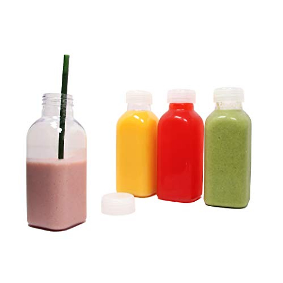 Dishwasher Safe Plastic Juice Bottles with Lids, Free Insulated Bottle Holder, Hot or Cold Drinks, 12pcs 16oz Empty Clear BPA Free Reusable Containers with Caps for Smoothies, Milk and Other Beverages