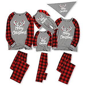 IFFEI Matching Family Pajamas Sets Christmas PJ's with Letter and Plaid Printed Long Sleeve Tee and Bottom Loungewear Women-Medium Grey