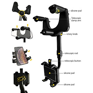 360°Rotatable and Retractable Car Phone Holder, Multifunctional Adjustable Mount, Universal Rearview Mirror Phone Holder for All Mobile Phones