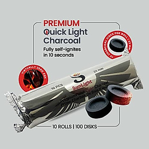*New* Sunlight Premium Charcoal Tablets for Incense - Instant Light - 100 Charcoal Discs - 33mm - Resin Burner Rolls – Pack of 100 Coal Briquettes – Charcoal Burner - Instant Fire Coal - Premium Tier