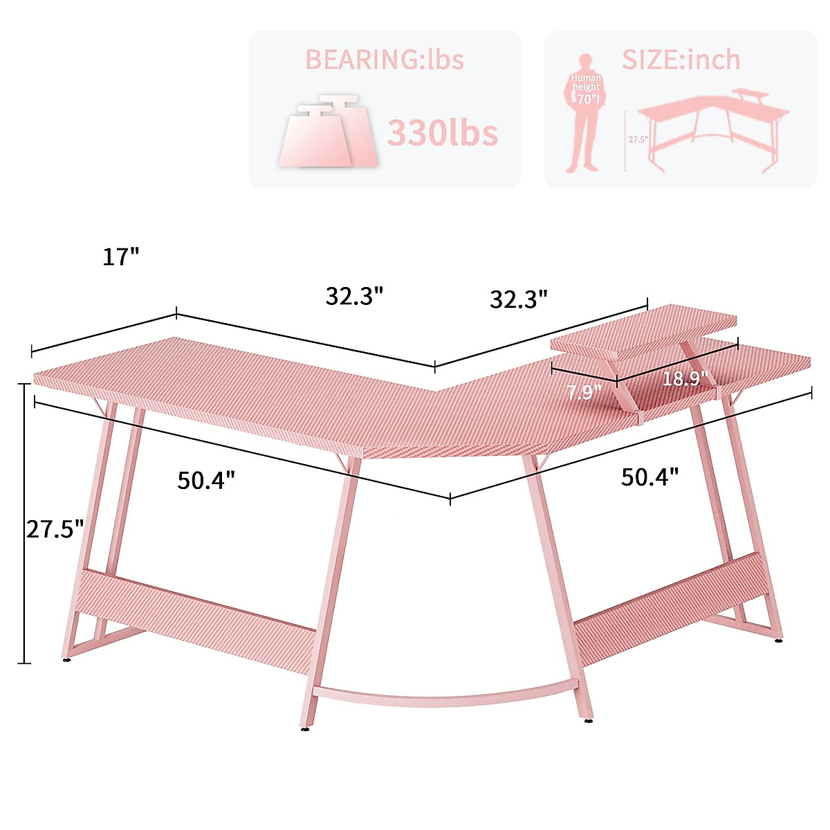 VICTONE L Shaped Gaming Desk, Corner Desk with Monitor Stand, Computer PC Table for Home Office Writing Studying Working, Space-Saving, Easy Assemble(Pink,51'')