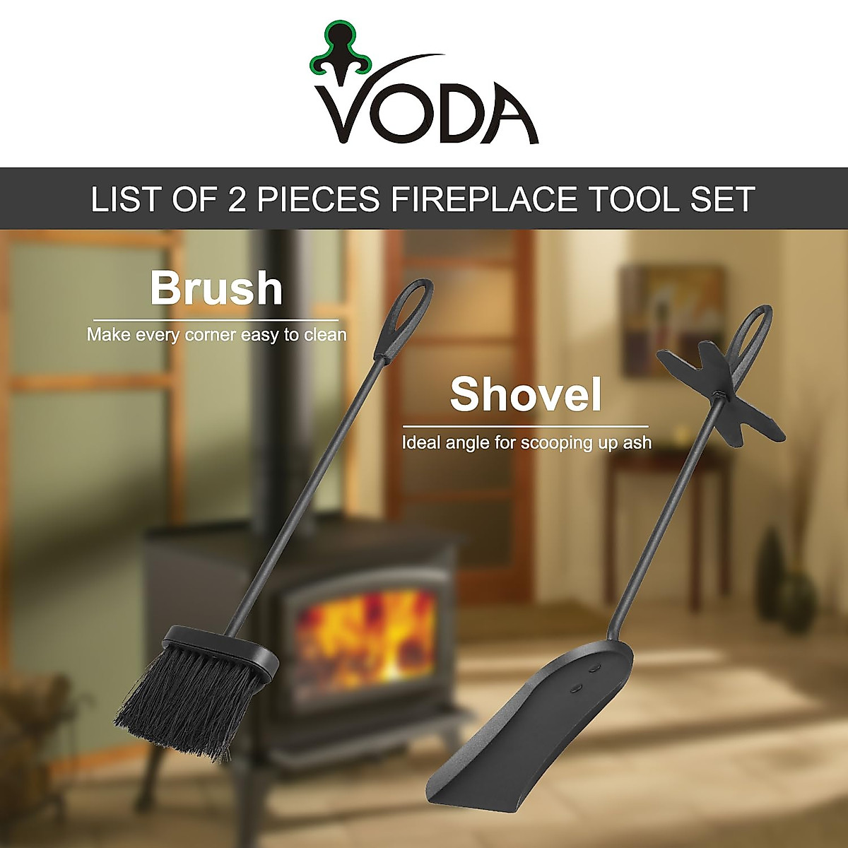 VODA Black Hearth Tidy Set Fireplace Tool Set Coal Shovel Hearth Brush Set Metal Brush Pan Set