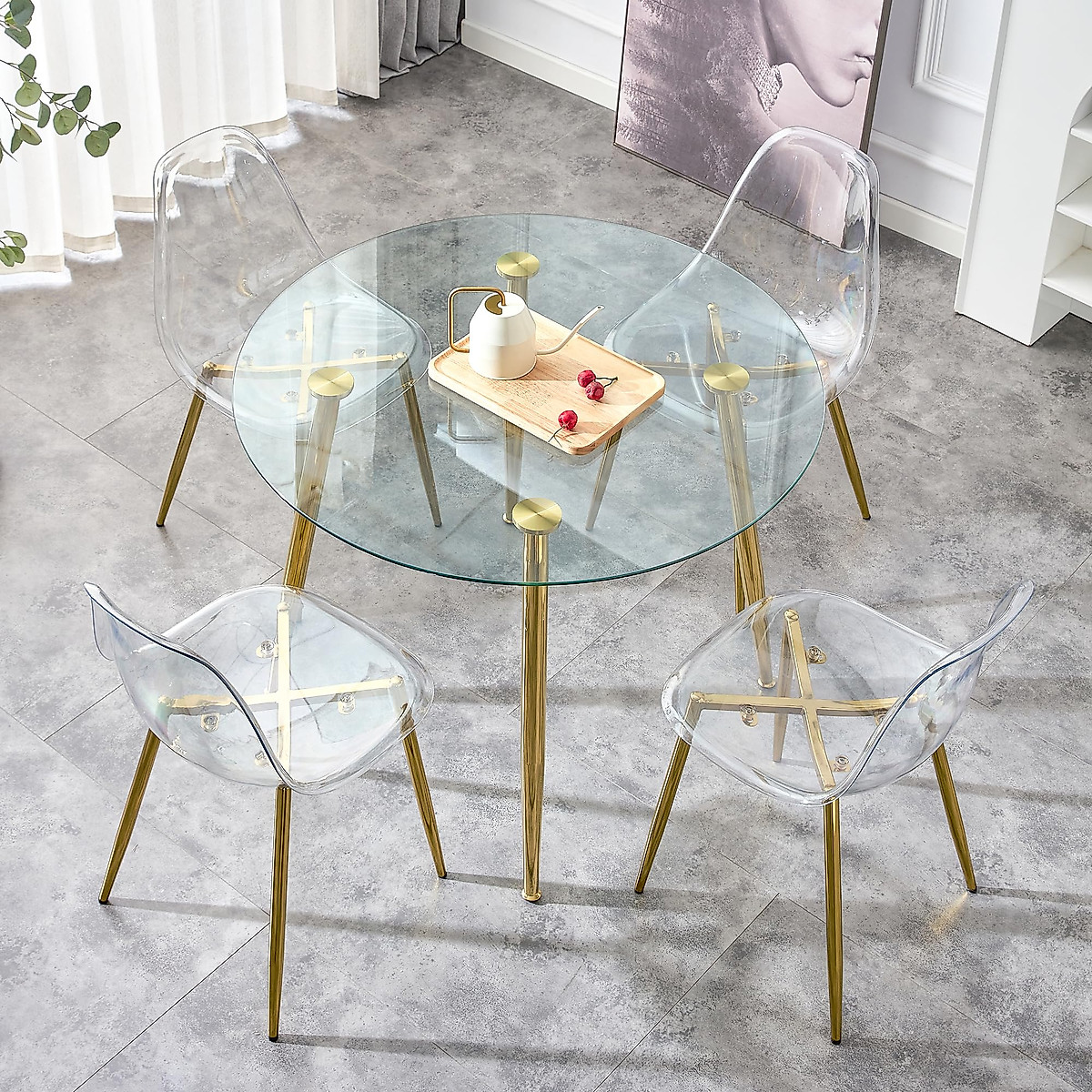 Gold Round Glass Dining Table Set for 4, Modern Kitchen Table and Chairs Set of 4, A Circle Small Round Dining Room Table and Clear Acrylic Chairs juego de comedor de 4 sillas y mesa