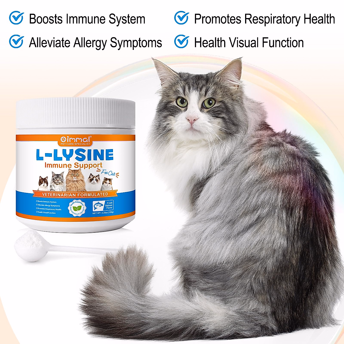 L-Lysine Powder for Cats, 120g Lysine Powder Supports Cats Immune System, Respiratory Health & Visual Function – Lysine Powder Improve Cats Eye Discharge, Pets Health Supplies, Salmon Flavor - 4.23oz