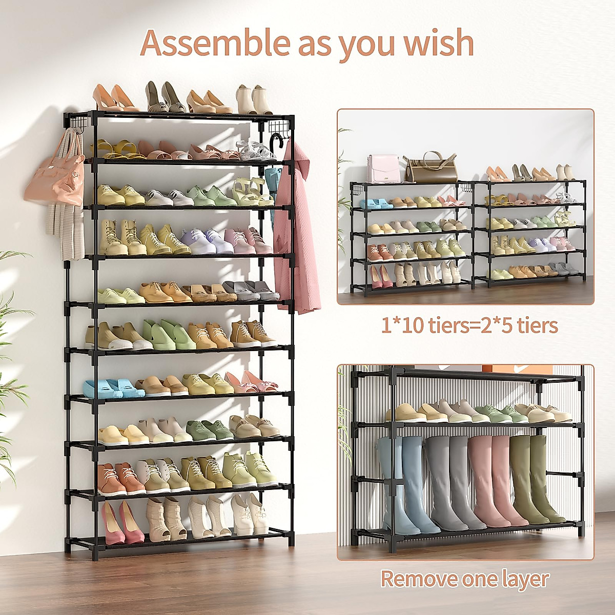 LANTEFUL 10 Tiers Shoe Rack 50 Pairs Large Capacity Tall Shoe Organizer Sturdy Shoe Storage with Two Hooks Space Saving Metal Wide Shoe Rack for Closet, Entryway, Bedroom, Black