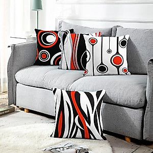 Emvency Set of 4 Throw Pillow Covers 16x16 Inches Decorative Cushion Modern Abstract Red Black White and Grey Wavy Vertical Stripes Dot Polyester Pillow Cases Square Pillocases for Bed Sofa