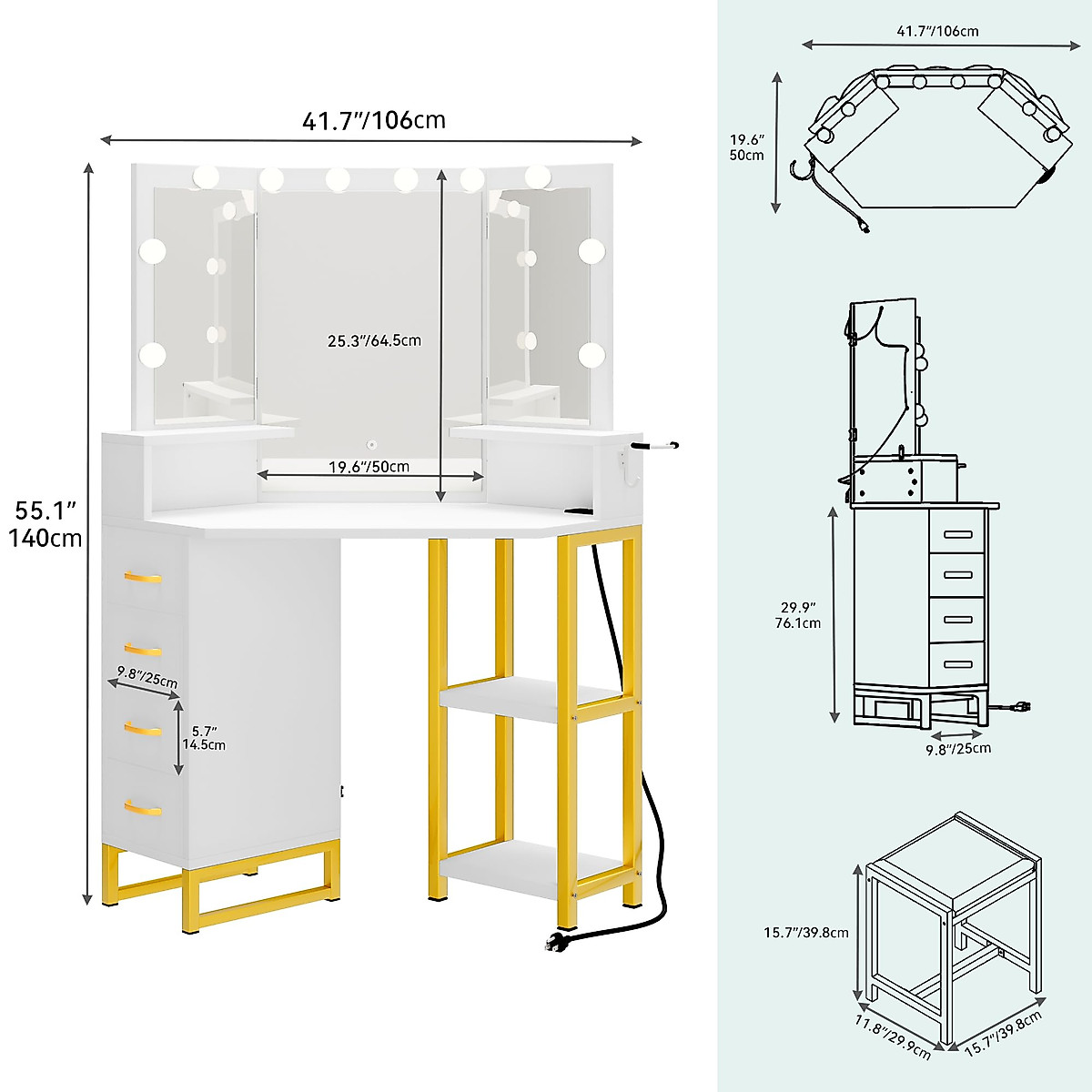 YITAHOME Vanity Desk with Lights, Power Outlet, 3 Color Options, Storage Drawers, Shelves, Stool - White