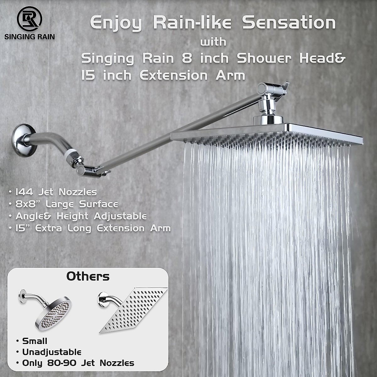8'' Rain Shower Head with 15'' Extension Arm- 𝟮 𝗳𝗼𝗿 𝟭 𝗖𝗼𝗺𝗯𝗼 Large Surface Fixed Square Shower Head- Extra Long Adjustable Shower Head Extension Arm- Singing Rain Ultimate Shower Experience